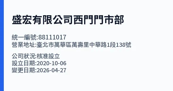 盛宏有限公司西門門市部的照片-統編 88111017(臺北市) 公司登記資料與營業項目詳細圖表
