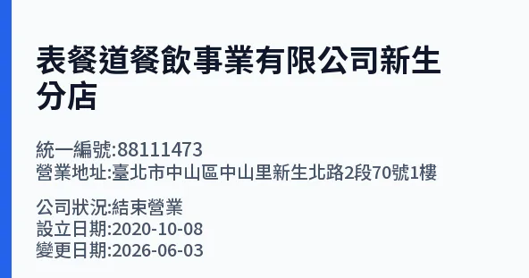 表餐道餐飲事業有限公司新生分店的照片-統編 88111473(臺北市) 公司登記資料與營業項目詳細圖表