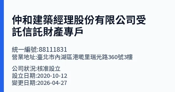 仲和建築經理股份有限公司受託信託財產專戶的照片-統編 88111831(臺北市) 公司登記資料與營業項目詳細圖表