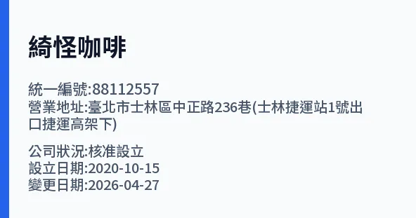 綺怪咖啡的照片-統編 88112557(臺北市) 公司登記資料與營業項目詳細圖表