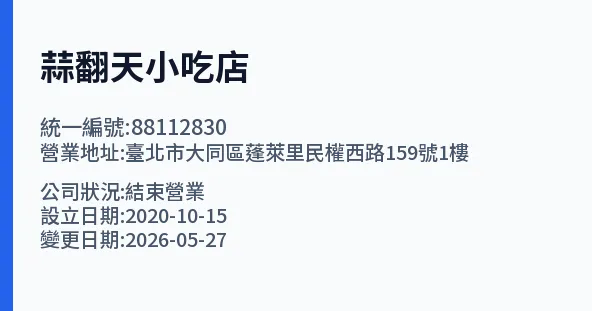蒜翻天小吃店的照片-統編 88112830(臺北市) 公司登記資料與營業項目詳細圖表