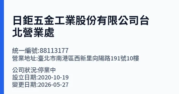 日鉅五金工業股份有限公司台北營業處的照片-統編 88113177(臺北市) 公司登記資料與營業項目詳細圖表