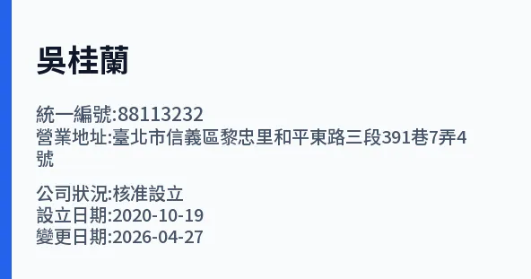 吳桂蘭的照片-統編 88113232(臺北市) 公司登記資料與營業項目詳細圖表