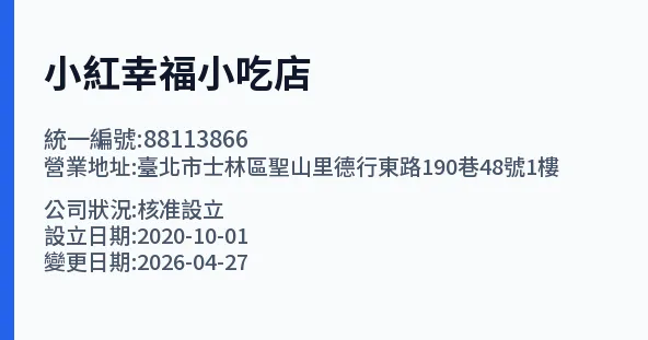 小紅幸福小吃店的照片-統編 88113866(臺北市) 公司登記資料與營業項目詳細圖表
