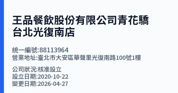 王品餐飲股份有限公司青花驕台北光復南店的照片-統編 88113964(臺北市) 公司登記資料與營業項目詳細圖表