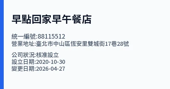 早點回家早午餐店的照片-統編 88115512(臺北市) 公司登記資料與營業項目詳細圖表
