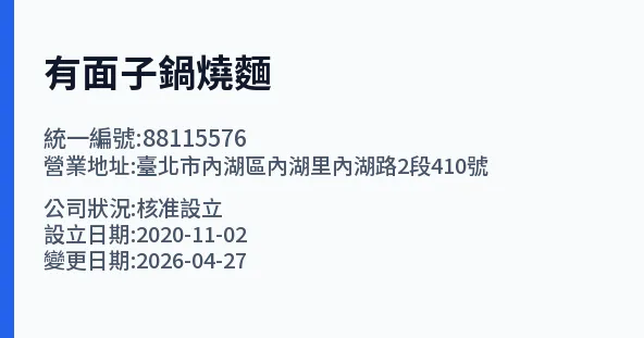 有面子鍋燒麵的照片-統編 88115576(臺北市) 公司登記資料與營業項目詳細圖表