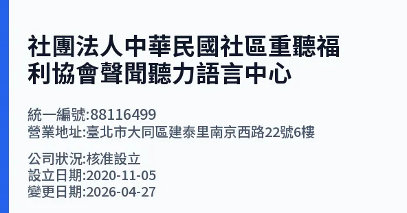 社團法人中華民國社區重聽福利協會聲聞聽力語言中心的照片-統編 88116499(臺北市) 公司登記資料與營業項目詳細圖表
