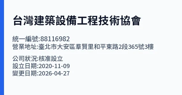 台灣建築設備工程技術協會的照片-統編 88116982(臺北市) 公司登記資料與營業項目詳細圖表