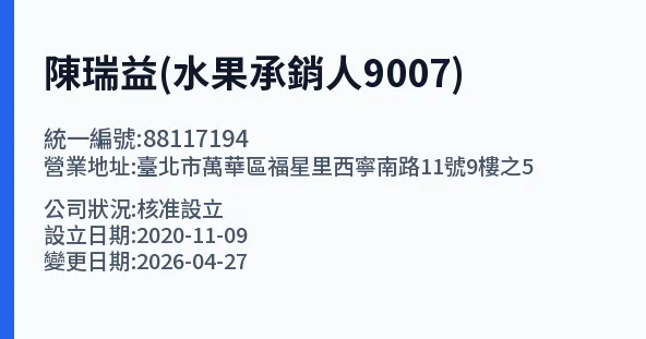 陳瑞益(水果承銷人9007)的照片-統編 88117194(臺北市) 公司登記資料與營業項目詳細圖表
