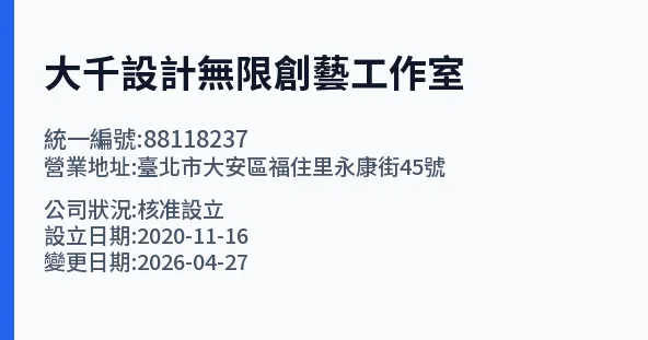 大千設計無限創藝工作室的照片-統編 88118237(臺北市) 公司登記資料與營業項目詳細圖表