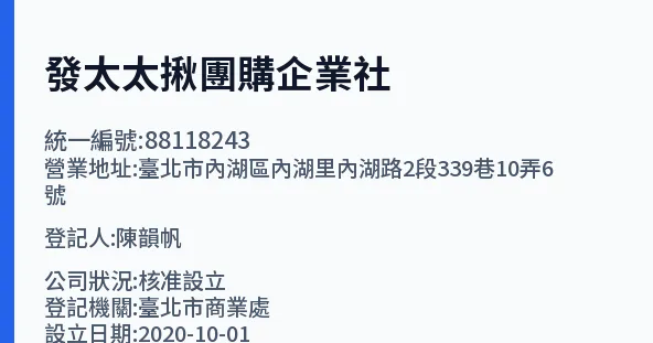 發太太揪團購企業社的照片-統編 88118243(臺北市) 公司登記資料與營業項目詳細圖表
