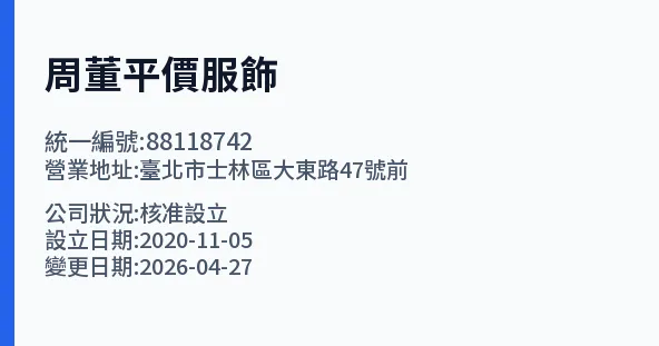 周董平價服飾的照片-統編 88118742(臺北市) 公司登記資料與營業項目詳細圖表