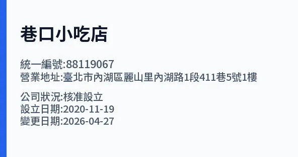 巷口小吃店的照片-統編 88119067(臺北市) 公司登記資料與營業項目詳細圖表