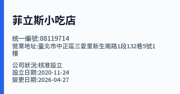 菲立斯小吃店的照片-統編 88119714(臺北市) 公司登記資料與營業項目詳細圖表