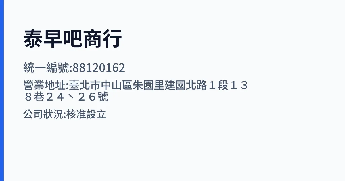 泰早吧商行 - 統編 88120162(臺北市) 公司登記資料與營業項目詳細圖表