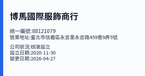 博馬國際服飾商行的照片-統編 88121079(臺北市) 公司登記資料與營業項目詳細圖表