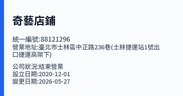奇藝店鋪的照片-統編 88121296(臺北市) 公司登記資料與營業項目詳細圖表