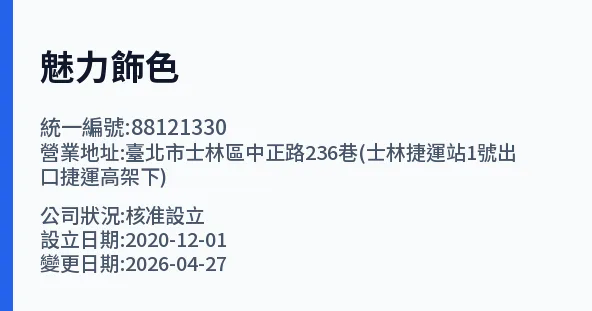 魅力飾色的照片-統編 88121330(臺北市) 公司登記資料與營業項目詳細圖表