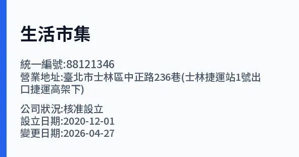 生活市集的照片-統編 88121346(臺北市) 公司登記資料與營業項目詳細圖表