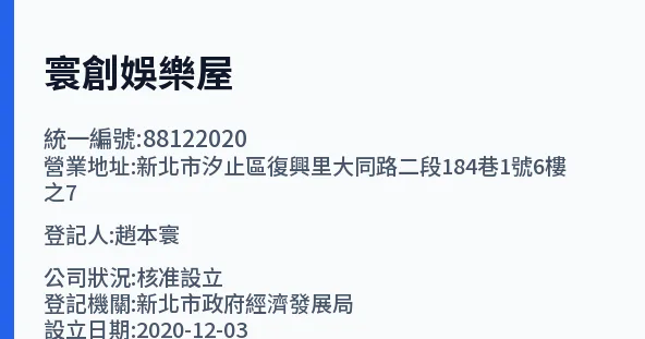 寰創娛樂屋的照片-統編 88122020(新北市) 公司登記資料與營業項目詳細圖表