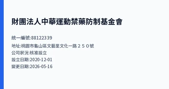 財團法人中華運動禁藥防制基金會的照片-統編 88122339(桃園市) 公司登記資料與營業項目詳細圖表
