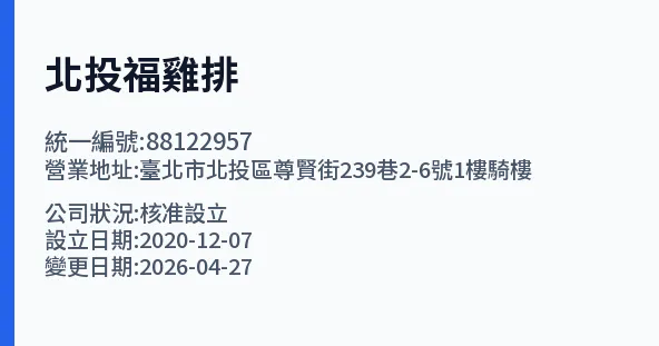 北投福雞排的照片-統編 88122957(臺北市) 公司登記資料與營業項目詳細圖表