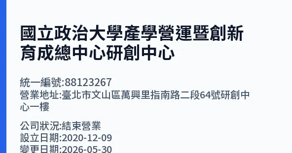 國立政治大學產學營運暨創新育成總中心研創中心的照片-統編 88123267(臺北市) 公司登記資料與營業項目詳細圖表
