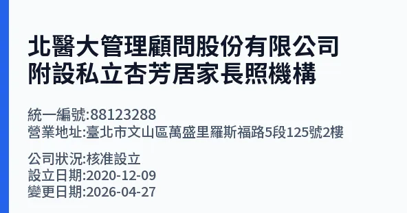 北醫大管理顧問股份有限公司附設私立杏芳居家長照機構的照片-統編 88123288(臺北市) 公司登記資料與營業項目詳細圖表