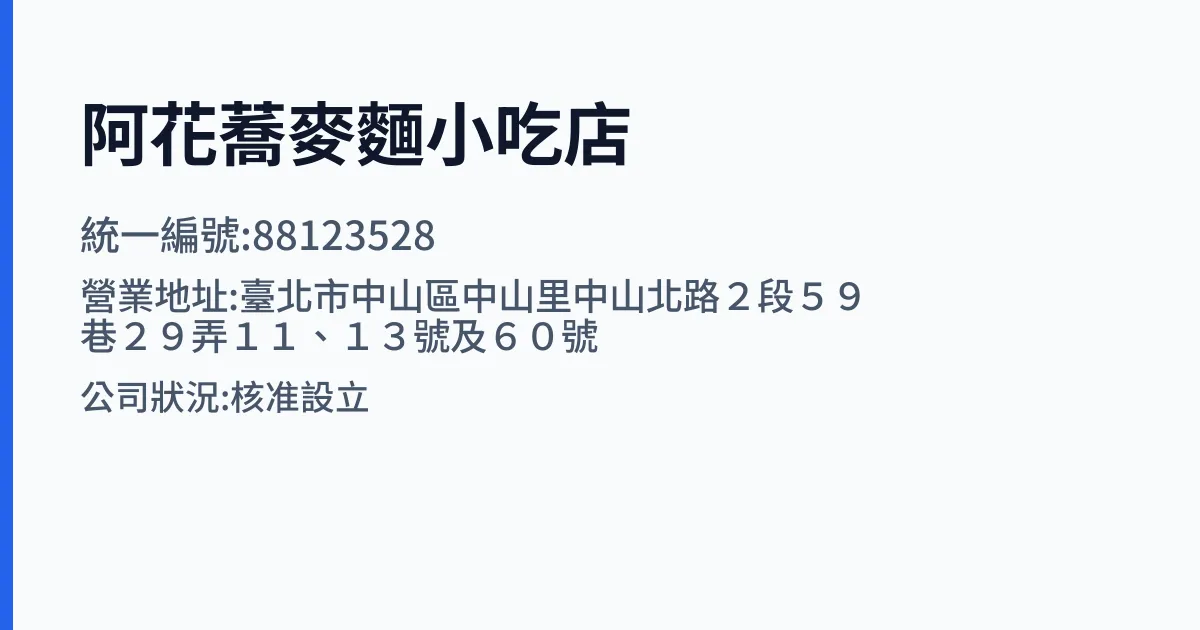 阿花蕎麥麵小吃店 - 統編 88123528(臺北市) 公司登記資料與營業項目詳細圖表