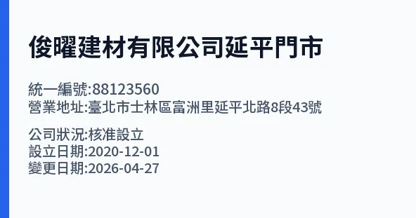 俊曜建材有限公司延平門市的照片-統編 88123560(臺北市) 公司登記資料與營業項目詳細圖表