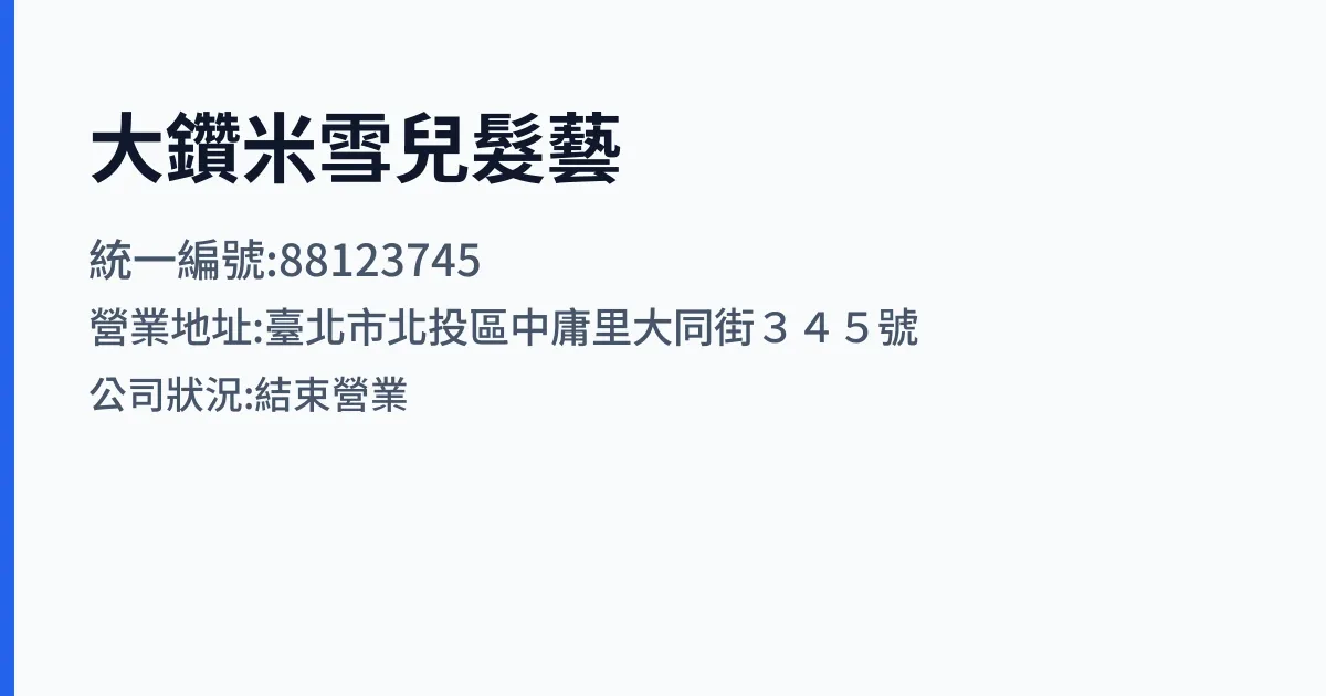 大鑽米雪兒髮藝 - 統編 88123745(臺北市) 公司登記資料與營業項目詳細圖表