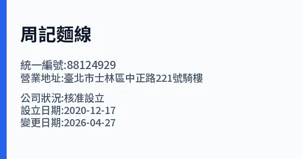 周記麵線的照片-統編 88124929(臺北市) 公司登記資料與營業項目詳細圖表