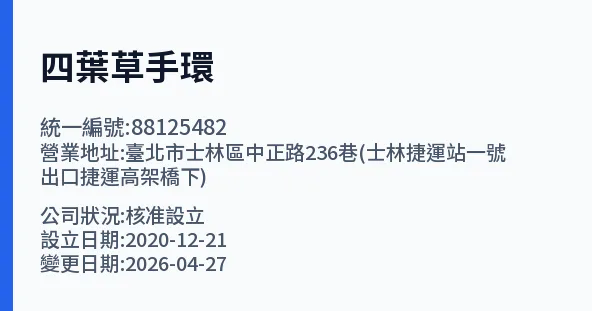 四葉草手環的照片-統編 88125482(臺北市) 公司登記資料與營業項目詳細圖表