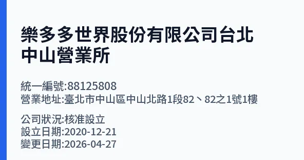 樂多多世界股份有限公司台北中山營業所的照片-統編 88125808(臺北市) 公司登記資料與營業項目詳細圖表