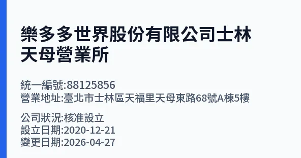 樂多多世界股份有限公司士林天母營業所的照片-統編 88125856(臺北市) 公司登記資料與營業項目詳細圖表
