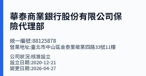 華泰商業銀行股份有限公司保險代理部的照片-統編 88125878(臺北市) 公司登記資料與營業項目詳細圖表