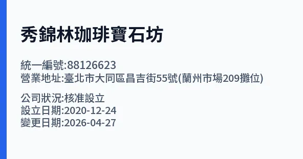 秀錦林珈琲寶石坊的照片-統編 88126623(臺北市) 公司登記資料與營業項目詳細圖表