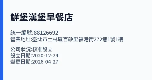 鮮堡漢堡早餐店的照片-統編 88126692(臺北市) 公司登記資料與營業項目詳細圖表