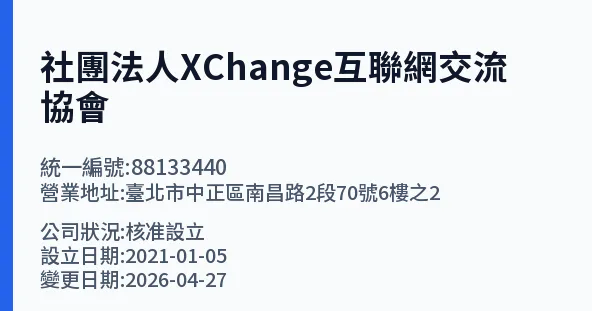 社團法人XChange互聯網交流協會的照片-統編 88133440(臺北市) 公司登記資料與營業項目詳細圖表