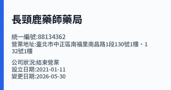 長頸鹿藥師藥局的照片-統編 88134362(臺北市) 公司登記資料與營業項目詳細圖表