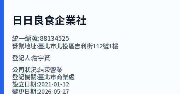 日日良食企業社的照片-統編 88134525(臺北市) 公司登記資料與營業項目詳細圖表