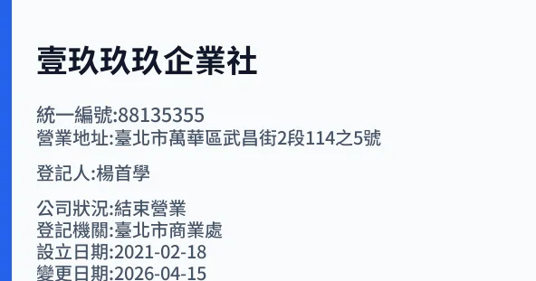 壹玖玖玖企業社的照片-統編 88135355(臺北市) 公司登記資料與營業項目詳細圖表
