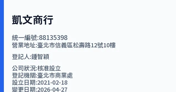 凱文商行的照片-統編 88135398(臺北市) 公司登記資料與營業項目詳細圖表