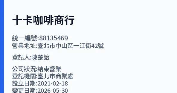 十卡咖啡商行的照片-統編 88135469(臺北市) 公司登記資料與營業項目詳細圖表