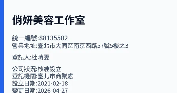 俏妍美容工作室的照片-統編 88135502(臺北市) 公司登記資料與營業項目詳細圖表