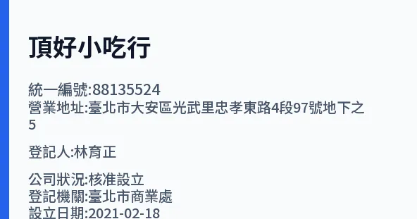 頂好小吃行的照片-統編 88135524(臺北市) 公司登記資料與營業項目詳細圖表