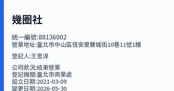 幾圈社的照片-統編 88136002(臺北市) 公司登記資料與營業項目詳細圖表