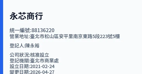 永芯商行的照片-統編 88136220(臺北市) 公司登記資料與營業項目詳細圖表