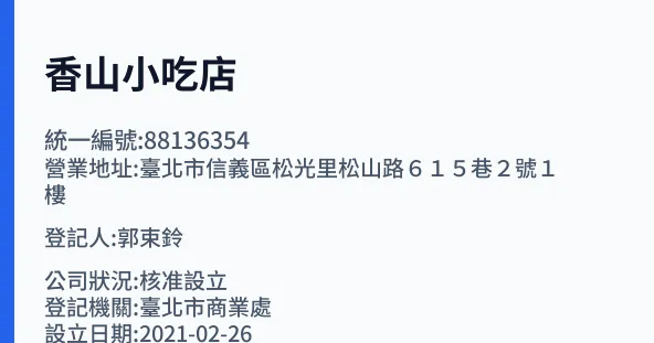 香山小吃店的照片-統編 88136354(臺北市) 公司登記資料與營業項目詳細圖表